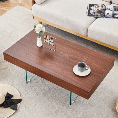 Walnut Colored MDF Coffee Table - 39.3x21.6 With Tempered Glass Legs ...